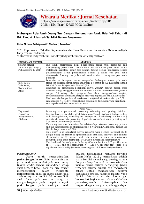 (PDF) Hubungan Pola Asuh Orang Tua Dengan Kemandirian Anak Usia 4–6 Tahun di RA. Raudatul Jannah ...