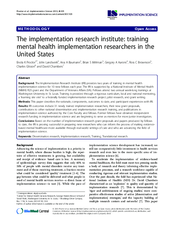 (PDF) The implementation research institute: training mental health implementation researchers ...