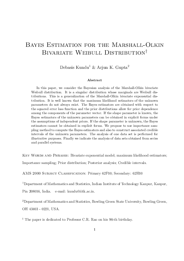 Pdf Bayes Estimation For The Marshall Olkin Bivariate Weibull Distribution