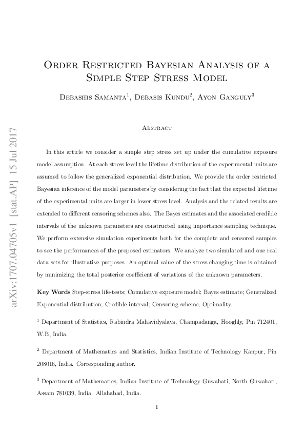 (PDF) Order Restricted Bayesian Analysis of a Simple Step Stress Model (PDF) Order Restricted Bayesian Analysis of a Simple Step Stress Model
