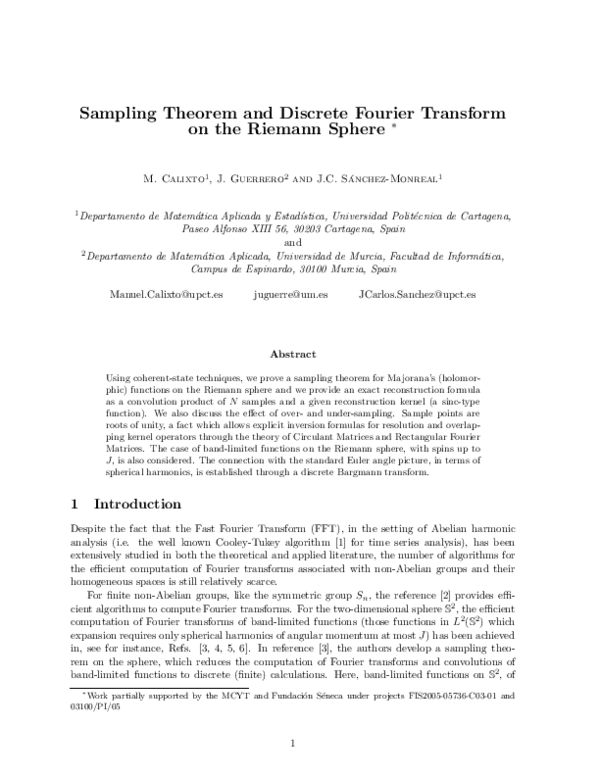 (PDF) Sampling Theorem and Discrete Fourier Transform on the Riemann Sphere