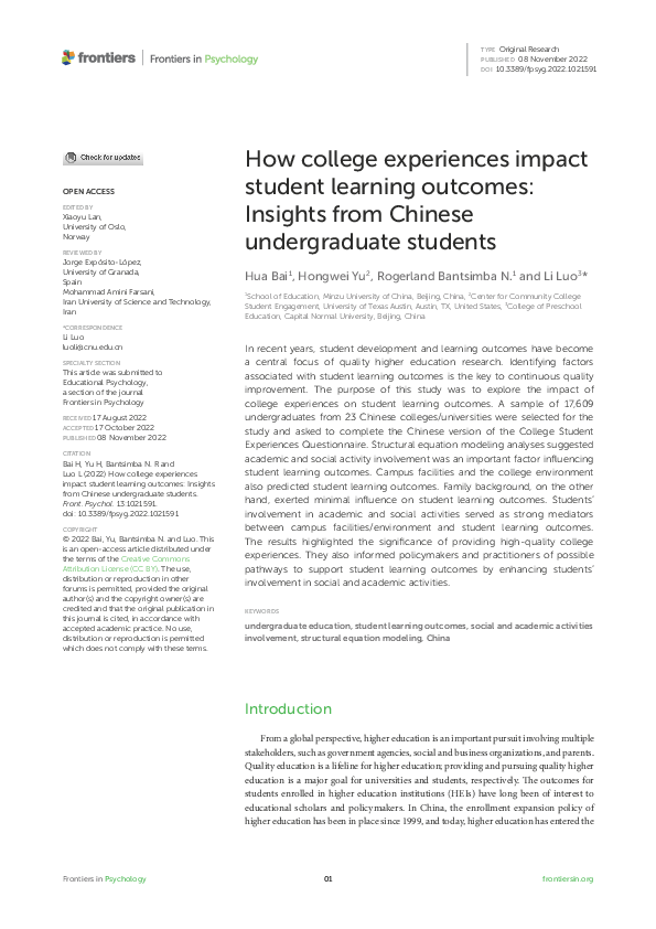 (PDF) How college experiences impact student learning outcomes: Insights from Chinese ...