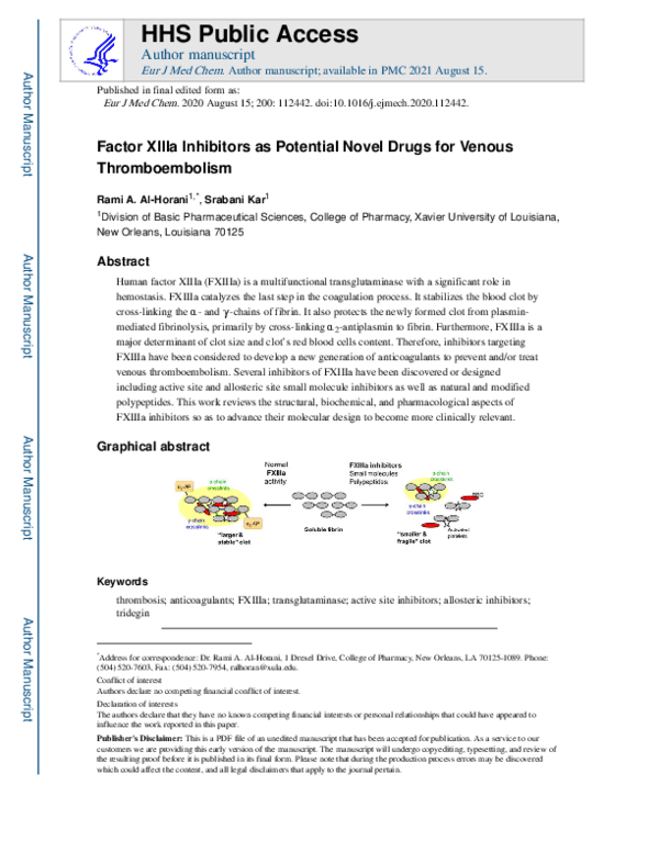 (PDF) Factor XIIIa inhibitors as potential novel drugs for venous ...
