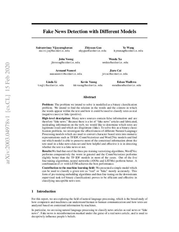 (PDF) Fake News Detection with Different Models
