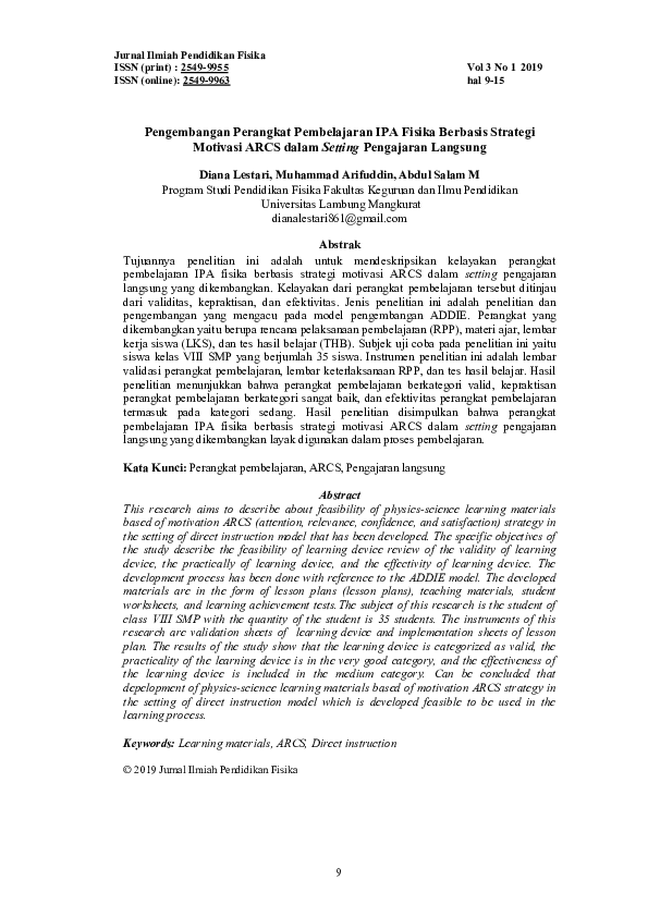 (PDF) Pengembangan Perangkat Pembelajaran IPA Fisika Berbasis Strategi Motivasi ARCS Dalam ...