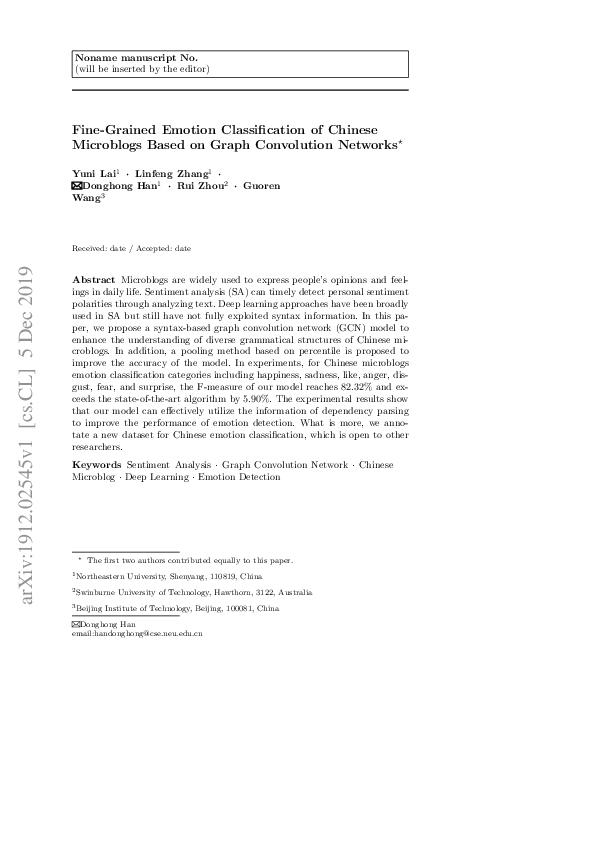 (PDF) Fine-grained emotion classification of Chinese microblogs based on graph convolution networks