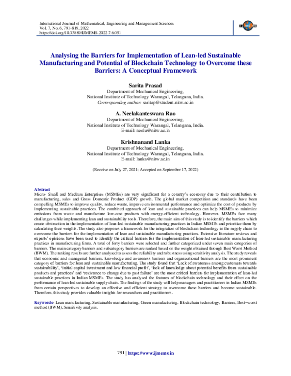 Pdf Analysing The Barriers For Implementation Of Lean Led Sustainable Manufacturing And