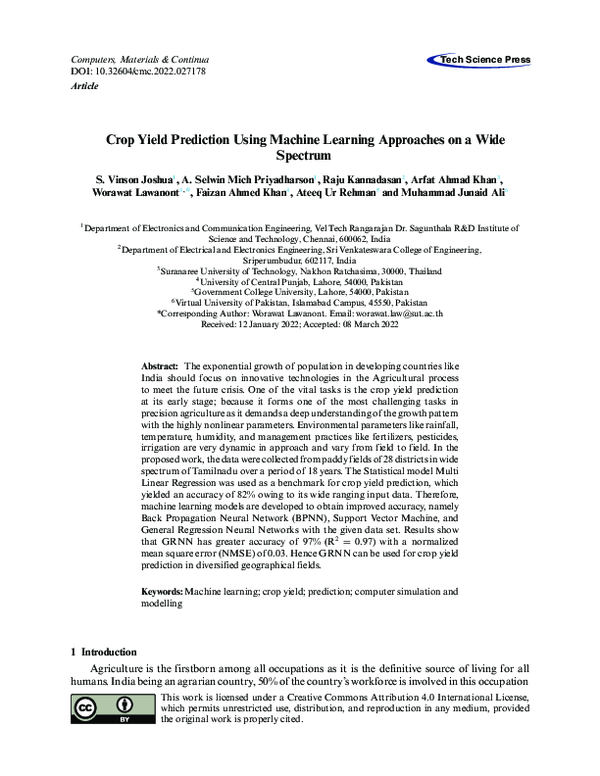 (PDF) Crop Yield Prediction Using Machine Learning Approaches on a Wide ...
