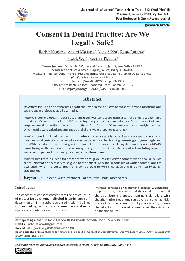 (PDF) Consent in Dental Practice: Are We Legally Safe?