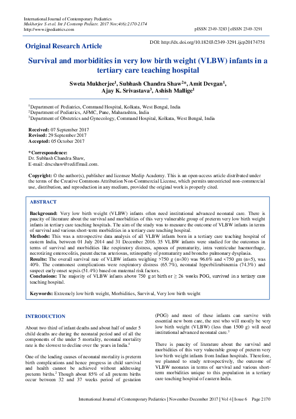 (PDF) Survival and morbidities in very low birth weight (VLBW) infants ...