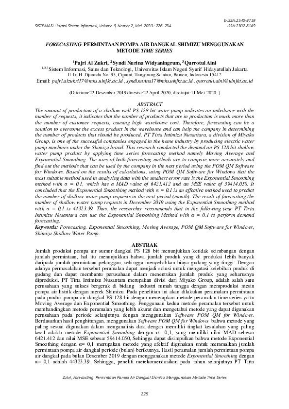 (PDF) Forecasting Permintaan Pompa Air Dangkal Shimizu Menggunakan Metode Time Series