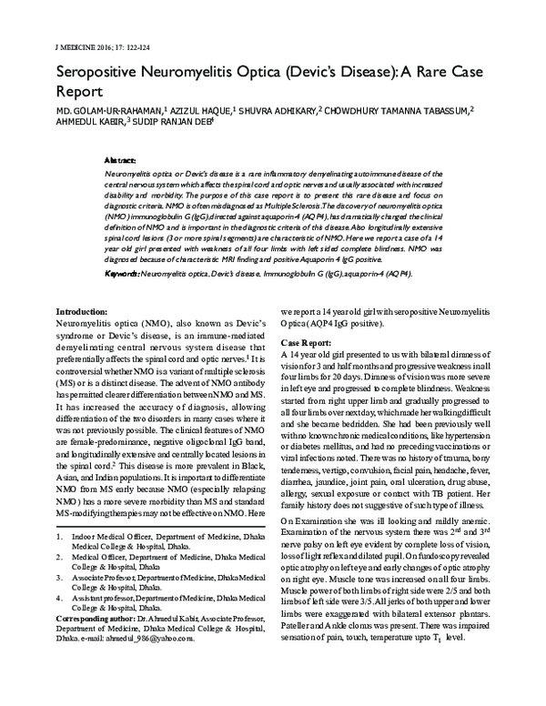 (PDF) Seropositive Neuromyelitis Optica (Devic’s Disease): A Rare Case ...