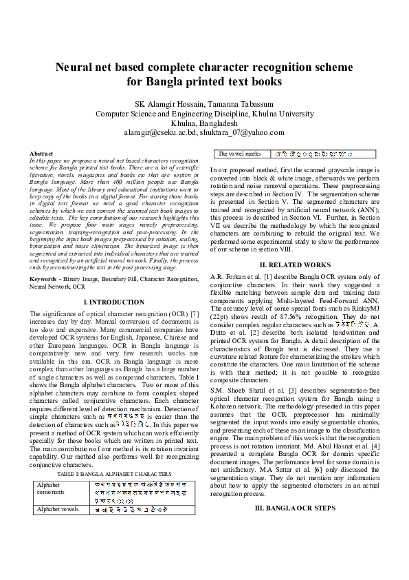 (PDF) Neural net based complete character recognition scheme for Bangla ...