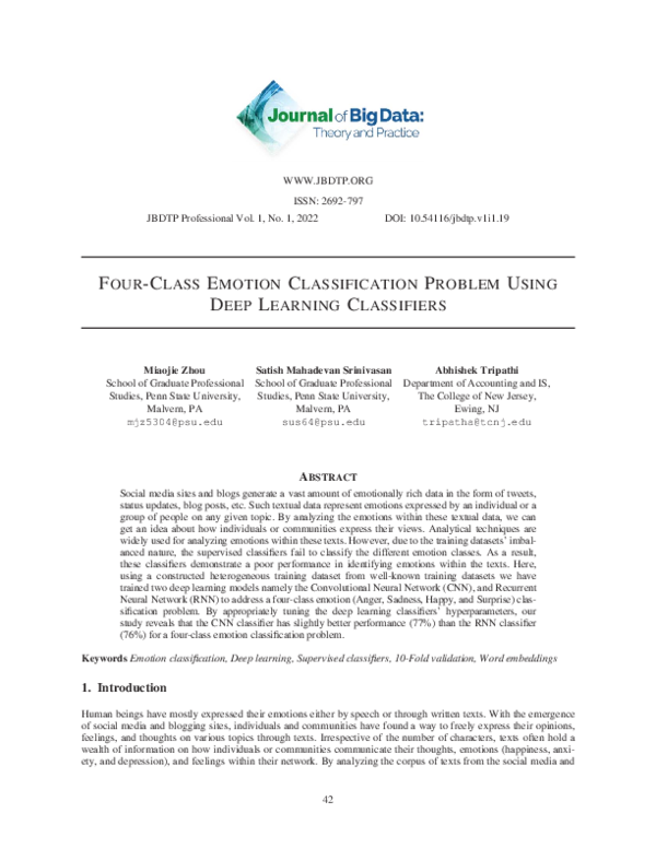 (PDF) Four-Class Emotion Classification Problem using Deep Learning Classifiers