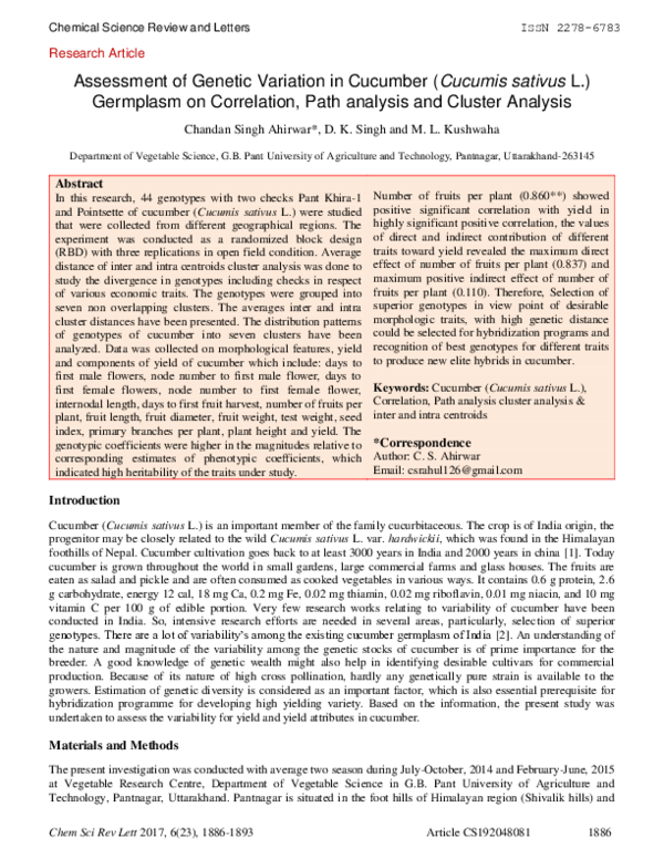 (PDF) Assessment of Genetic Variation in Cucumber (Cucumis sativus L ...