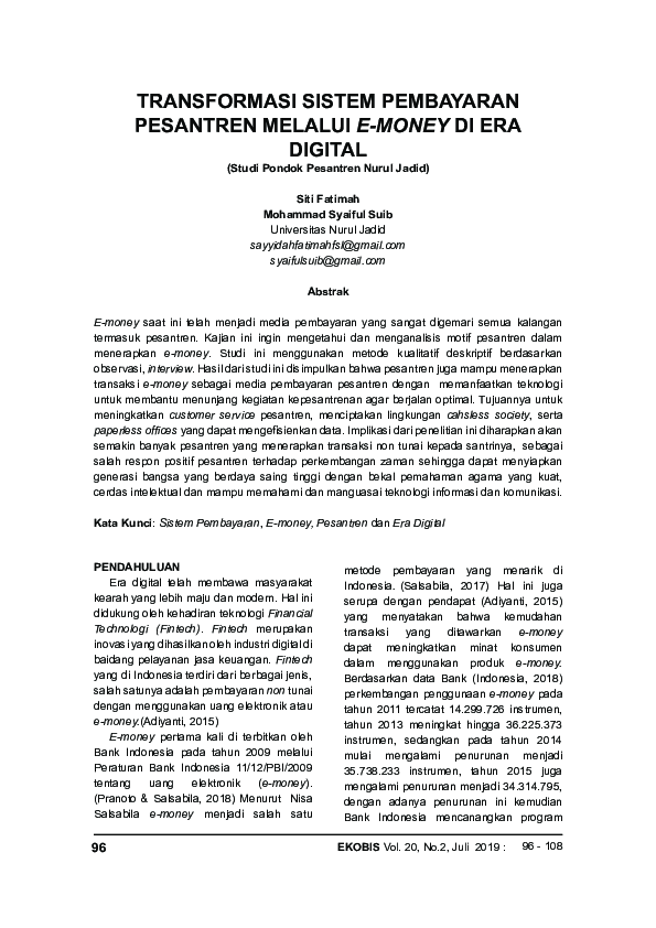 (PDF) TRANSFORMASI SISTEM PEMBAYARAN PESANTREN MELALUI E-MONEY DI ERA DIGITAL (Studi Pondok ...