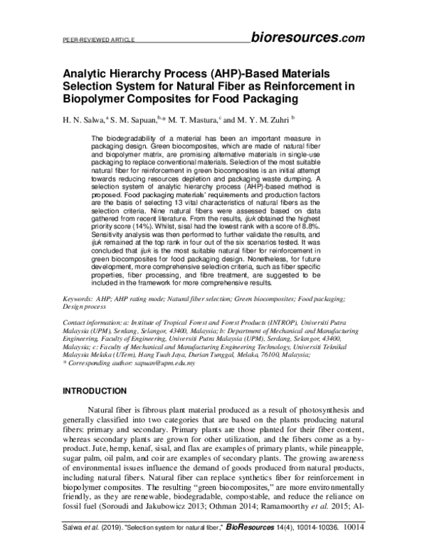 (PDF) Analytic Hierarchy Process (AHP)-Based Materials Selection System for Natural Fiber as ...