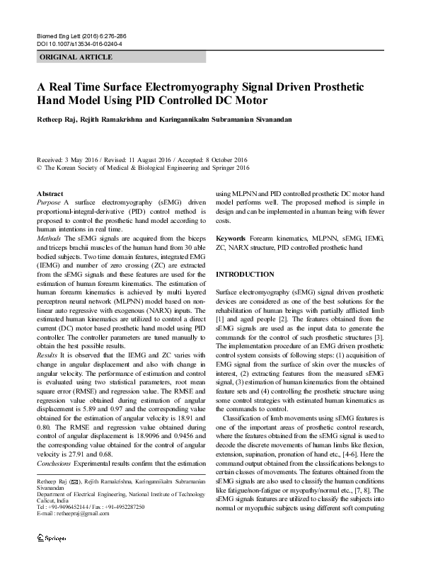 (PDF) A real time surface electromyography signal driven prosthetic hand model using PID ...
