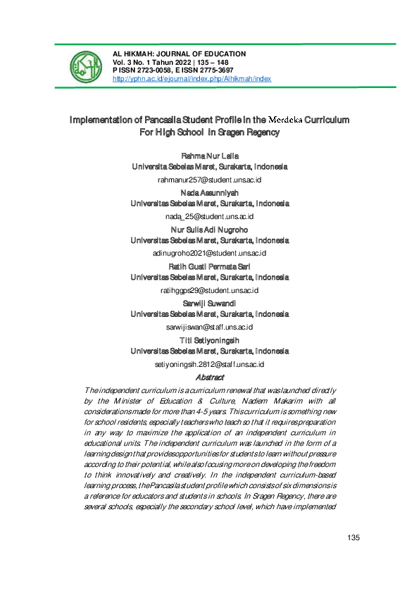 (PDF) Implementation of Pancasila Student Profile in the Merdeka ...