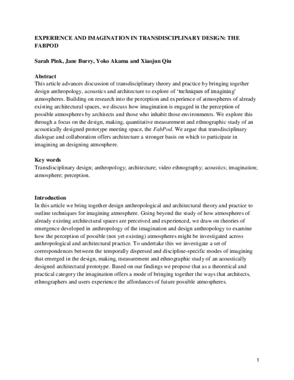 (PDF) Experience and Imagination in Transdisciplinary Design: The FabPod