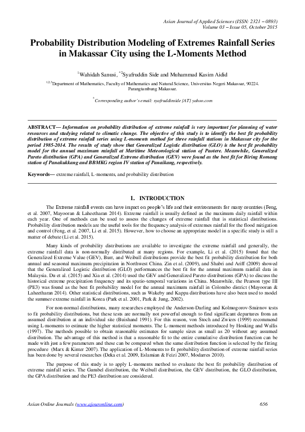 (PDF) Probability Distribution Modeling of Extremes Rainfall Series in ...