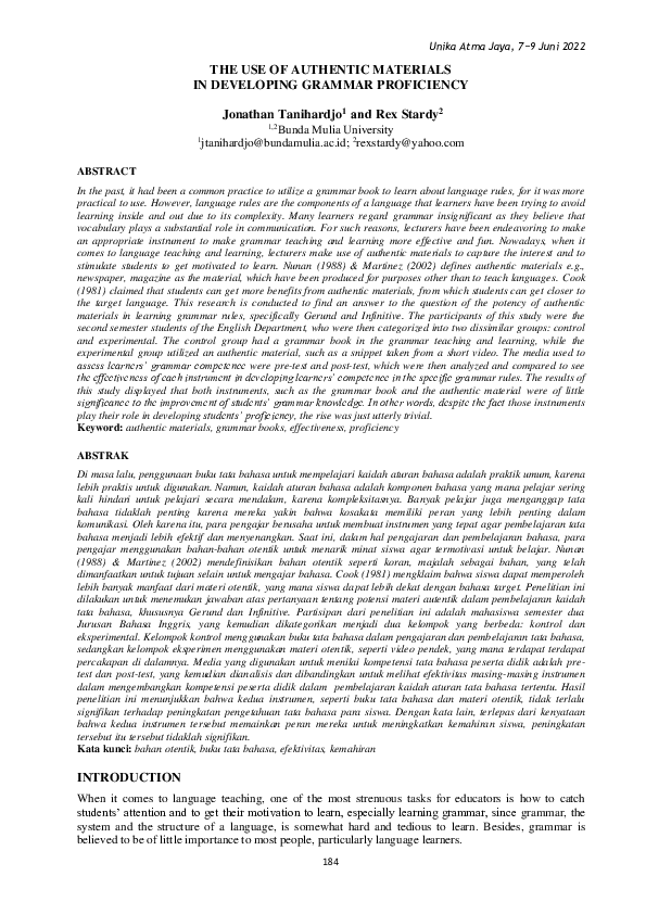 (PDF) The Use of Authentic Materials in Developing Grammar Proficiency