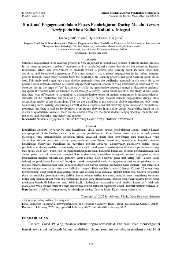 (PDF) Students’ Engagement dalam Proses Pembelajaran Daring Melalui Lesson Study pada Mata ...