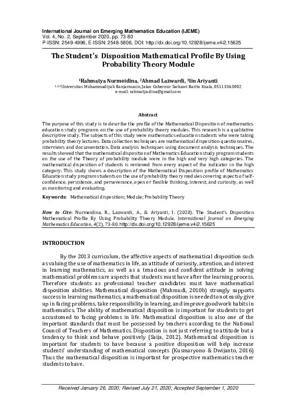(PDF) The Student's Disposition Mathematical Profile By Using ...