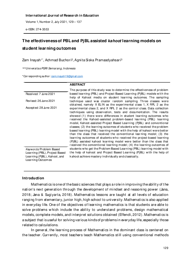 (PDF) THE EFFECTIVENESS OF PROBLEM BASED LEARNING (PBL) AND PROJECT BASED LEARNING (PjBL ...