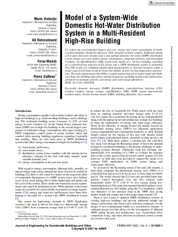 (PDF) Model of a System-Wide Domestic Hot-Water Distribution System in ...