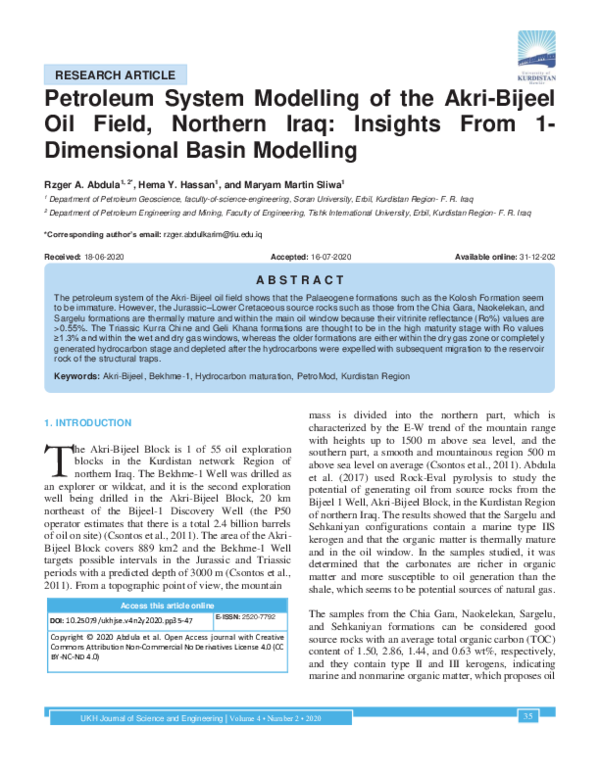 (PDF) Petroleum System Modelling of the Akri-Bijeel Oil Field, Northern Iraq: Insights From 1 ...