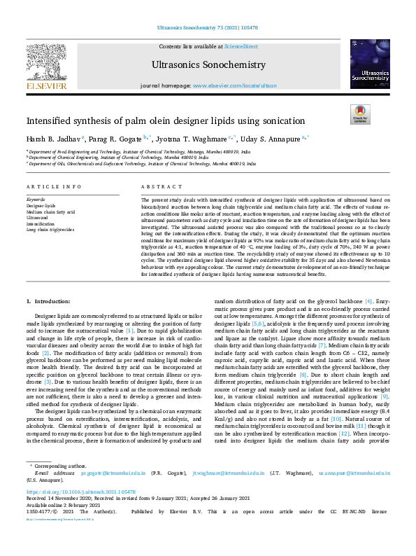 (PDF) Intensified synthesis of palm olein designer lipids using sonication