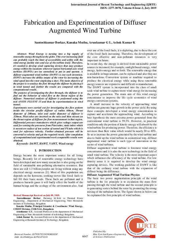 Pdf Fabrication And Experimentation Of Diffuser Augmented Wind Turbine 