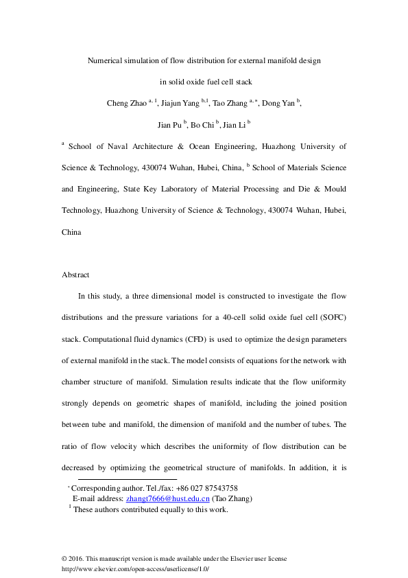 (PDF) Numerical simulation of flow distribution for external manifold design in solid oxide fuel ...