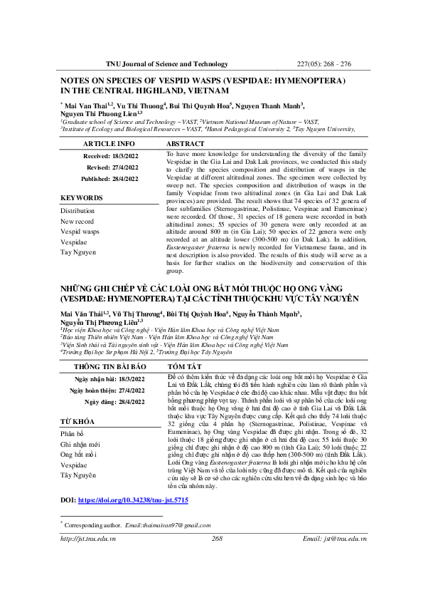 (PDF) Notes on Species of Vespid Wasps (Vespidae: Hymenoptera) in the ...