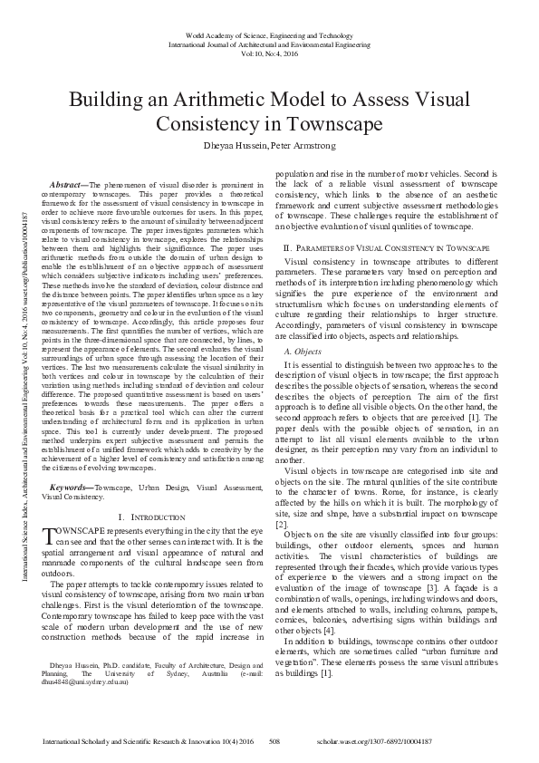 (PDF) Building An Arithmetic Model To Assess Visual Consistency In Townscape | Dheyaa Hussein ...