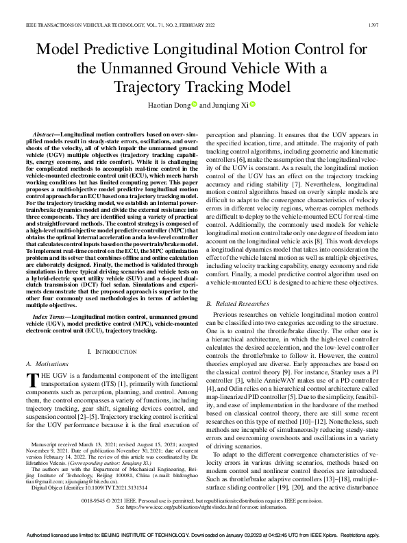 (PDF) Model Predictive Longitudinal Motion Control for the Unmanned ... (PDF) Model Predictive Longitudinal Motion Control for the Unmanned ...