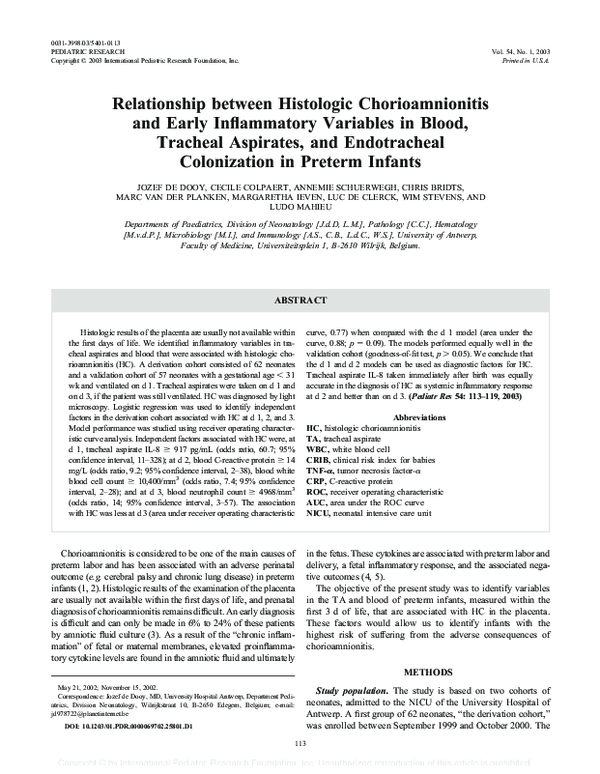 (PDF) Relationship between Histologic Chorioamnionitis and Early Inflammatory Variables in Blood ...