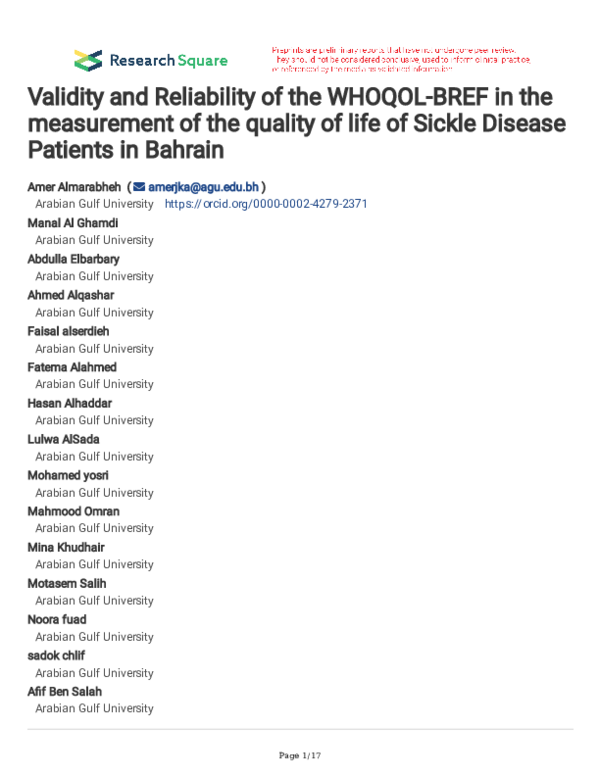 (PDF) Validity and Reliability of the WHOQOL-BREF in the measurement of ...