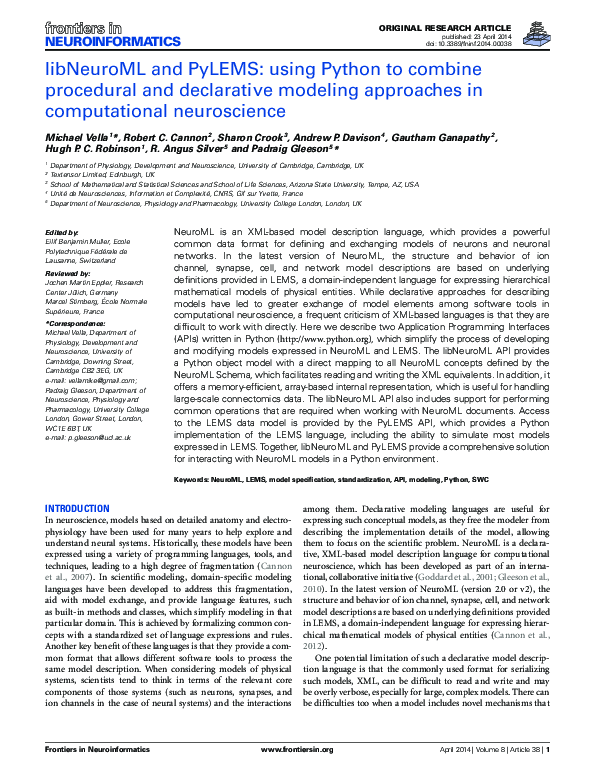 Pdf Libneuroml And Pylems Using Python To Combine Procedural And Declarative Modeling