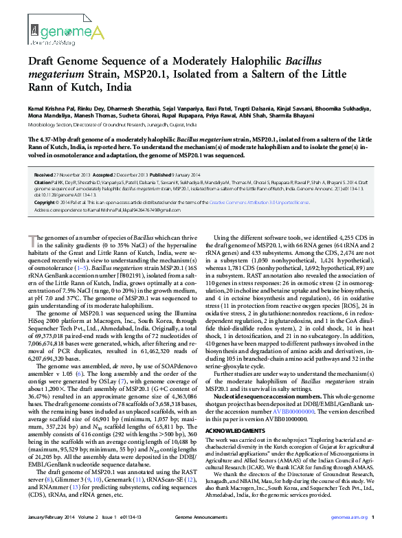 (PDF) Draft Genome Sequence of a Moderately Halophilic Bacillus megaterium Strain, MSP20.1 ...
