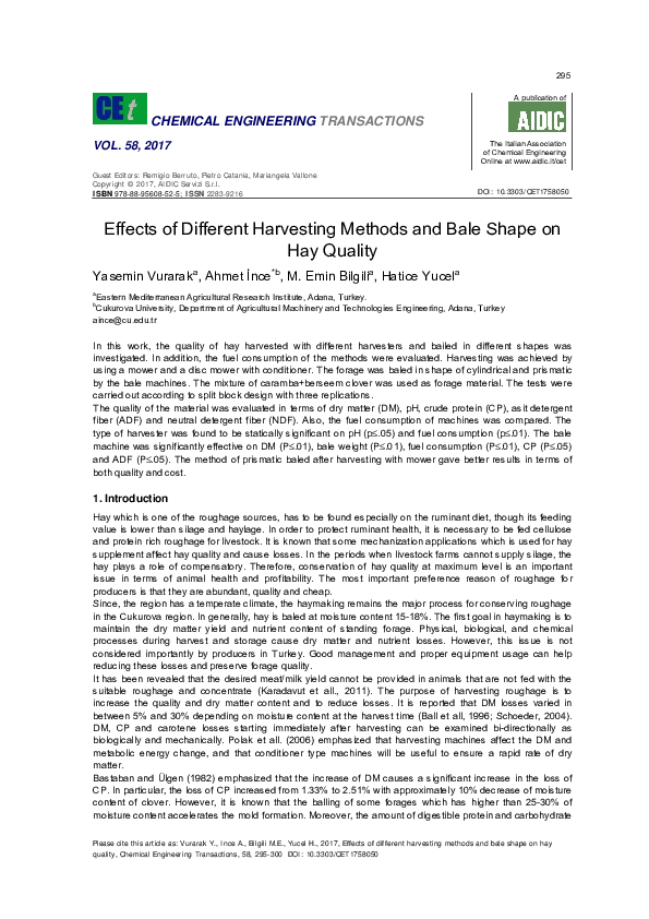 (PDF) Effects of Different Harvesting Methods and Bale Shape on Hay Quality