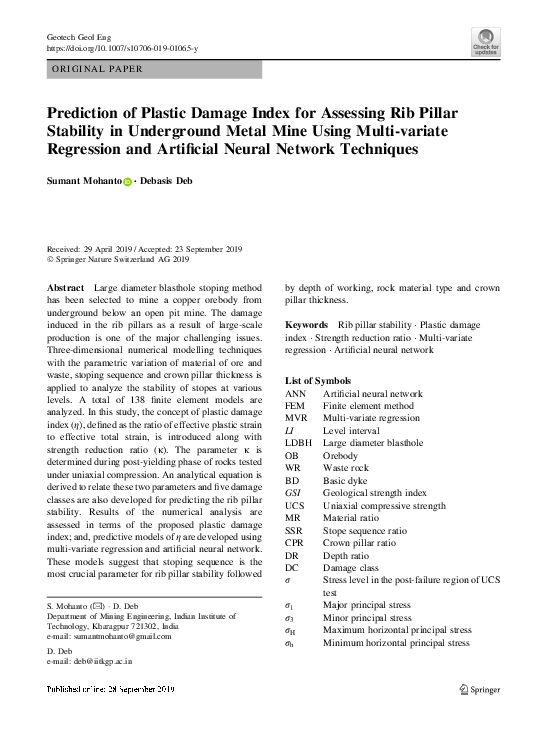 (PDF) Prediction of Plastic Damage Index for Assessing Rib Pillar ...