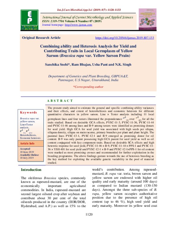 (PDF) Combining ability and Heterosis Analysis for Yield and Contributing Traits in Local ...