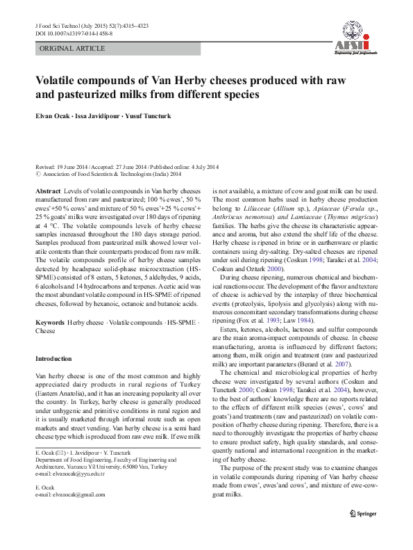 (PDF) Volatile compounds of Van Herby cheeses produced with raw and ...