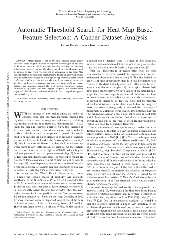 (PDF) Automatic Threshold Search For Heat Map Based Feature Selection: A Cancer Dataset Analysis
