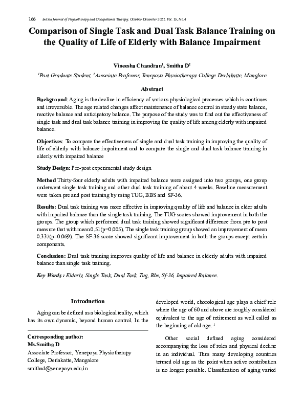 (PDF) Comparison of Single Task and Dual Task Balance Training on the Quality of Life of Elderly ...