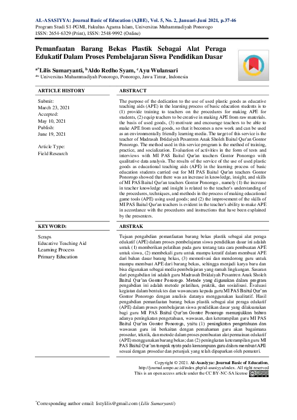 (PDF) Pemanfaatan Barang Bekas Plastik Sebagai Alat Peraga Edukatif Dalam Proses Pembelajaran ...