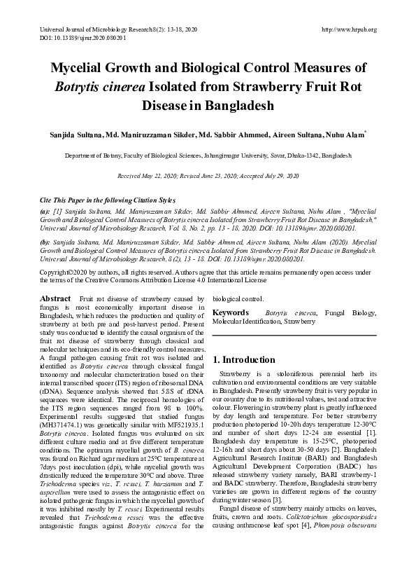 (PDF) Mycelial Growth and Biological Control Measures of Botrytis cinerea Isolated from ...