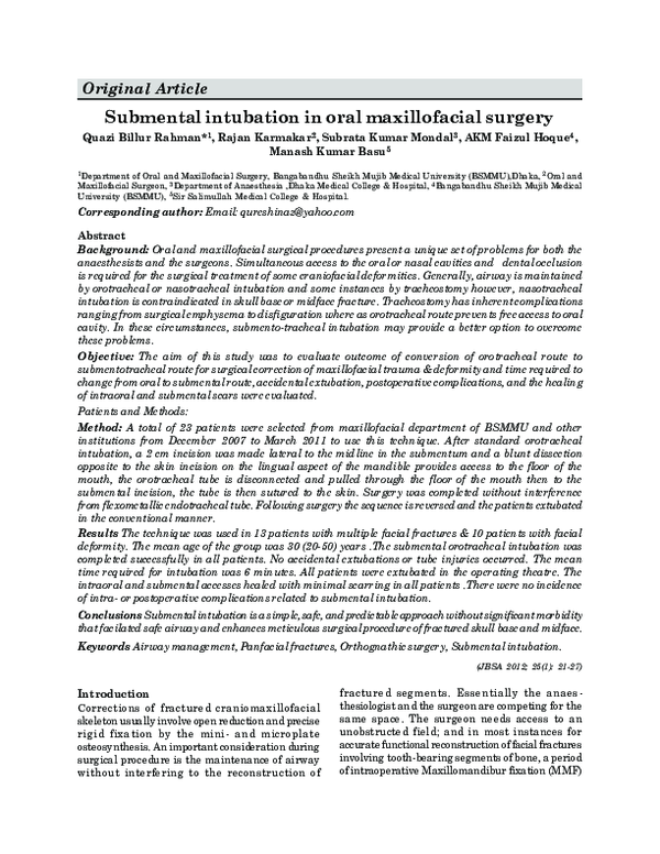(PDF) Submental intubation in oral maxillofacial surgery